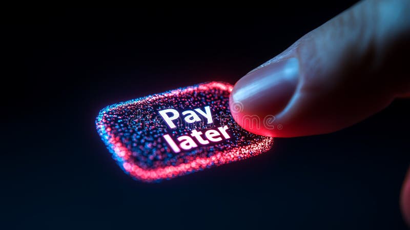 Digital "Pay Later" Button Glowing Under Fingertip with Vibrant Red and ...