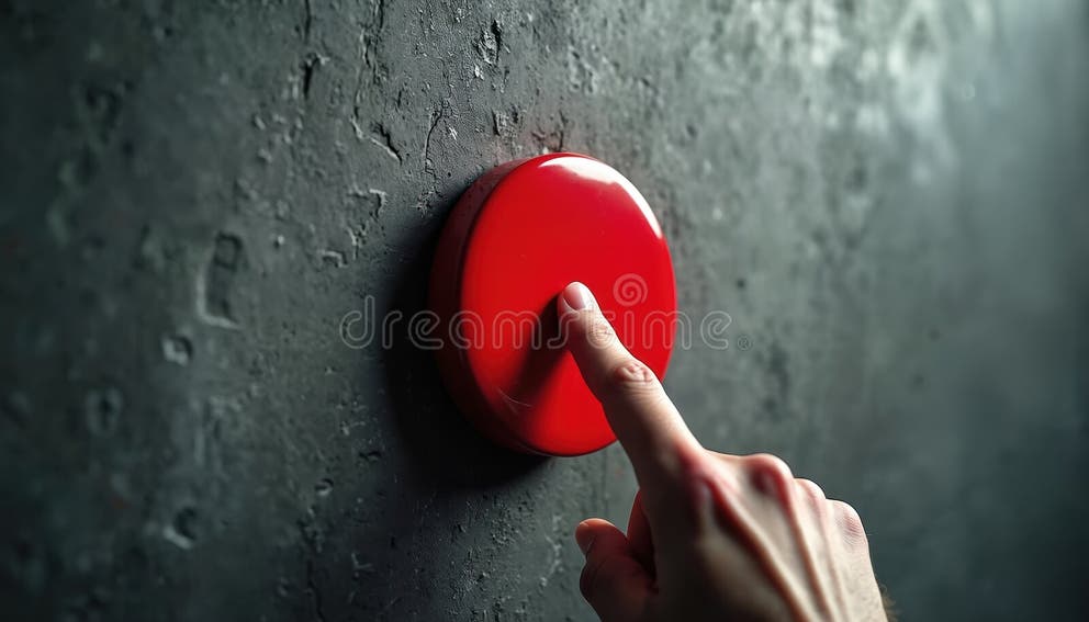 Fingertip Presses Bright Red Circular Button on Rough Dark Surface ...