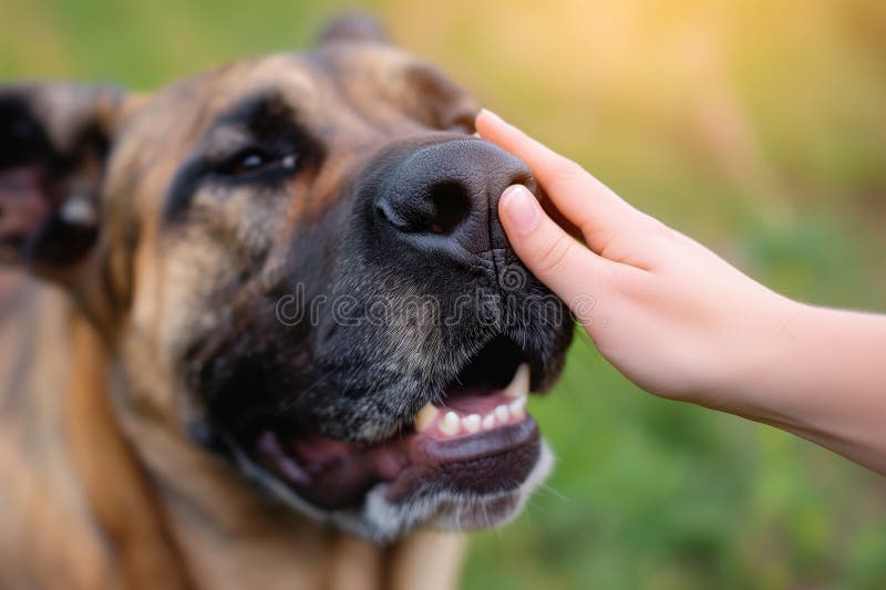 Fingertips Touching a Smiling Mastiffs Nose Outdoors Stock Photo ...