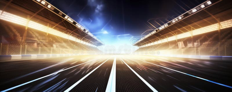 Finish Gate on Racetrack Stadium and Spotlights in Motion Blur ...