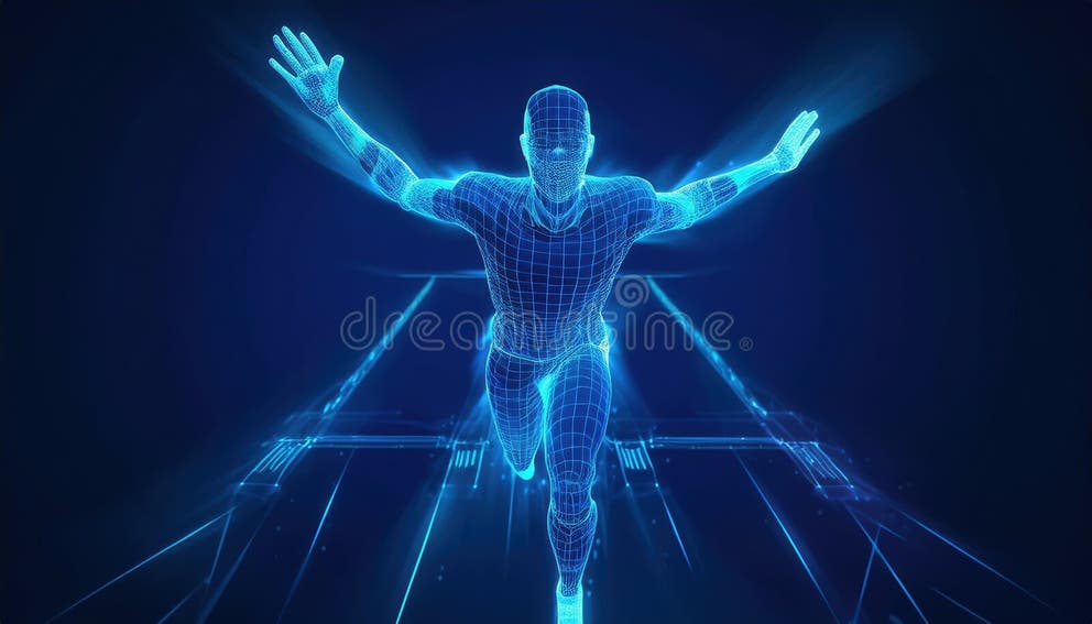 Finish Line Representation Featuring a Blue Wireframe Runner in Motion ...
