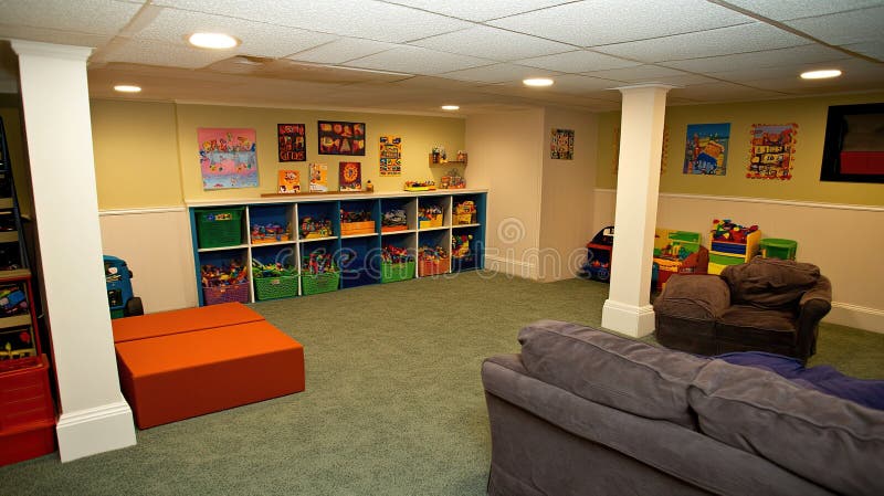 Finished Basement Playroom with Toys, Seating, and Wall Decor Stock ...