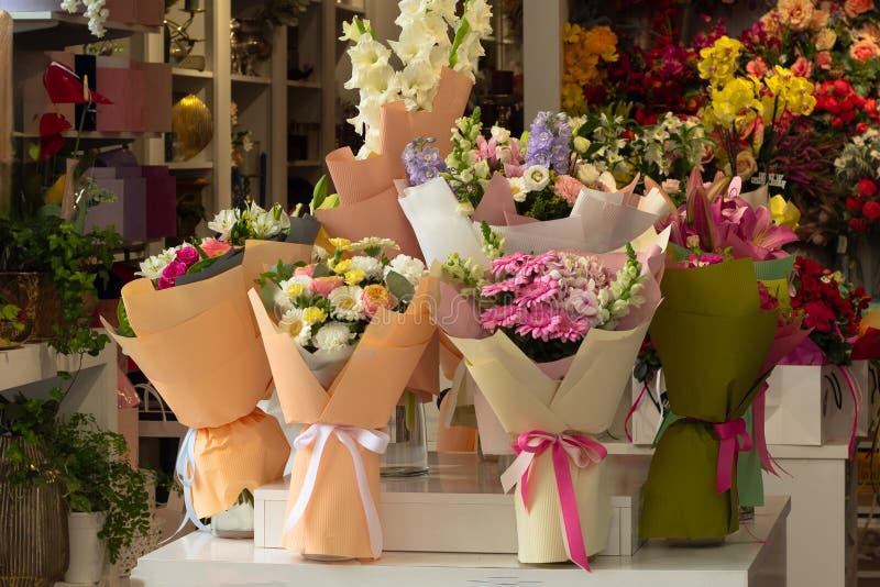 Finished Bouquets on the Table in the Shop. Flower Shop Concept Stock ...