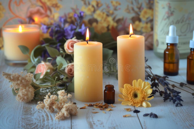 Finished Candles beside Dried Flowers and Essential Bottles Stock Photo ...