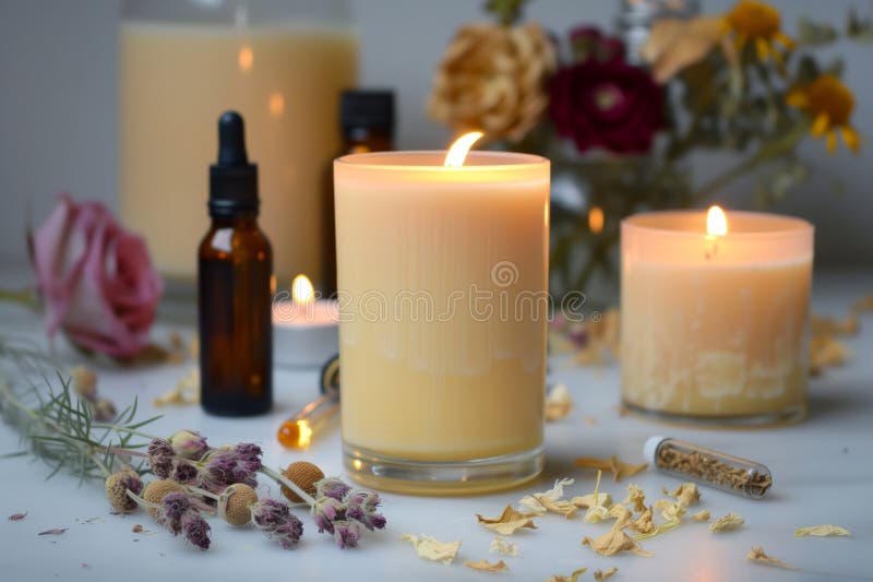 Finished Candles beside Dried Flowers and Essential Bottles Stock Photo ...