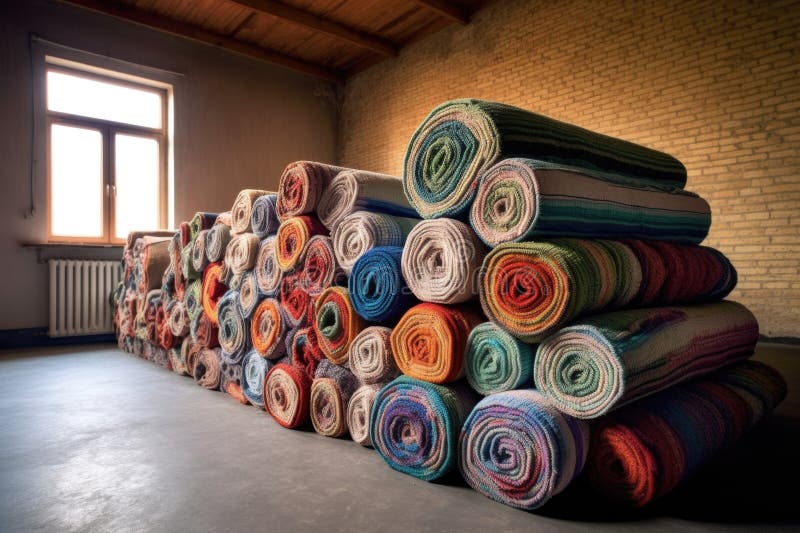 Finished Carpets Rolled Up and Stacked Stock Photo - Image of stacked ...