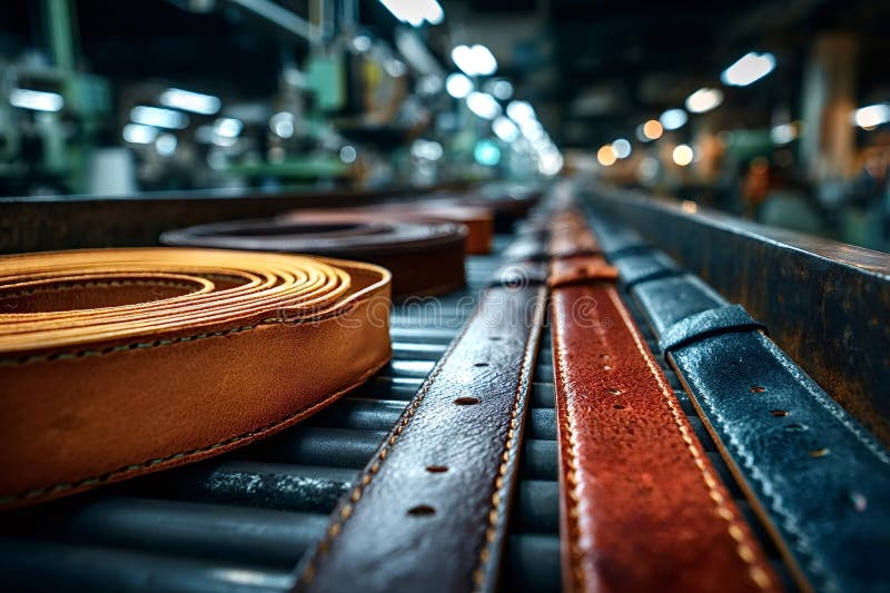 Leather Belts and Strips Moving on Conveyor Belt in a Factory Stock ...