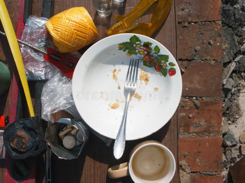 Finished Lunch on Makeshift Table Stock Photo - Image of dishes ...