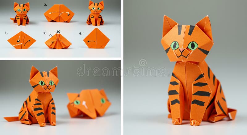 A Finished Paper Origami Cat Figure and Its Step by Step Process Stock ...