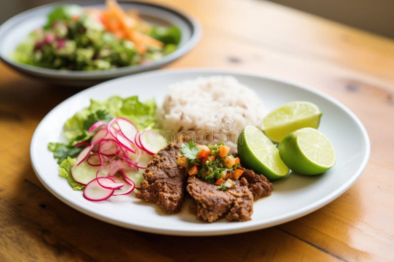 Finished Plate of Mole with Side Salad and Lime Stock Photo - Image of ...