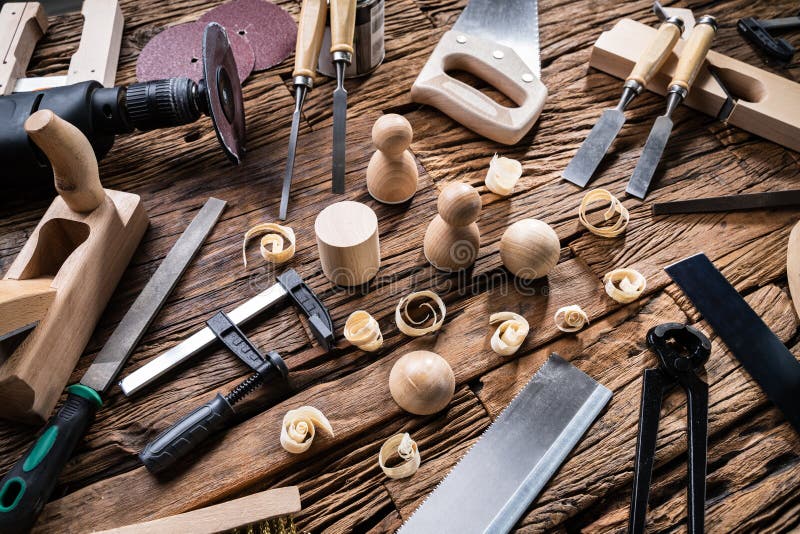 Finished Wooden Objects and Various Carpenter Tools Stock Photo - Image ...