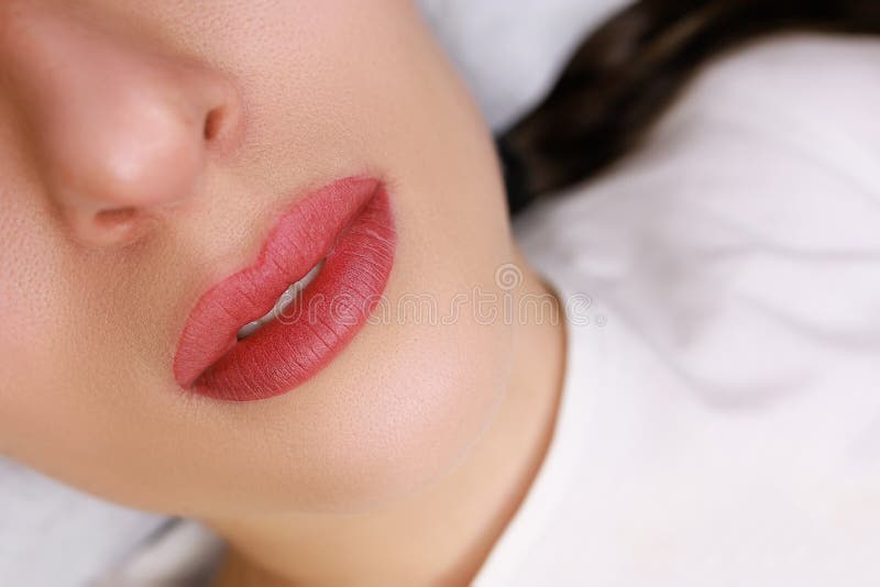 Finished Work of Permanent Lip Makeup Made in Powder Technique Stock ...
