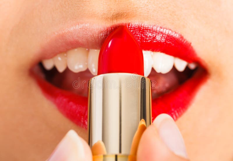 Woman Applying Lipstick Beauty Cosmetics To Lips Stock Photo - Image of ...
