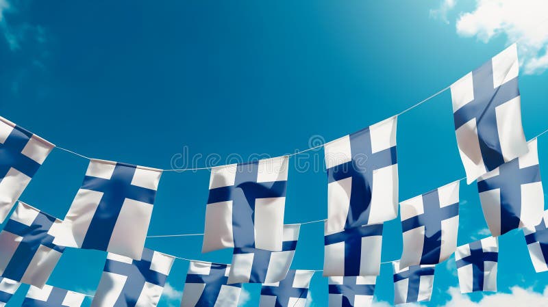 Flag of Finland Against the Sky, Flags Hanging Vertically Stock Image ...