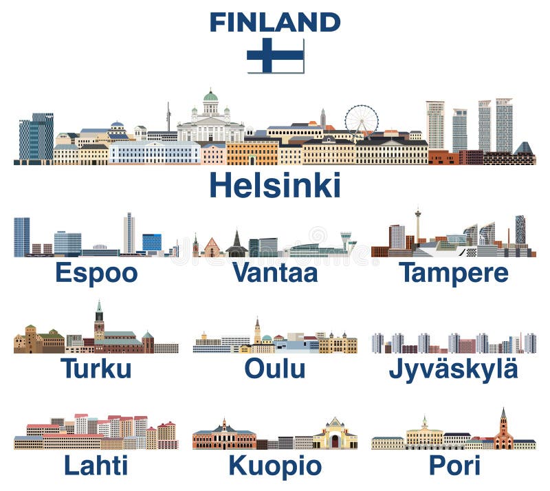 Finland Main Cities Skylines Vector Set Stock Vector - Illustration of ...