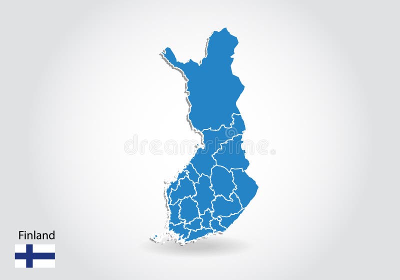 Finland Map Design with 3D Style. Blue Finland Map and National Flag ...