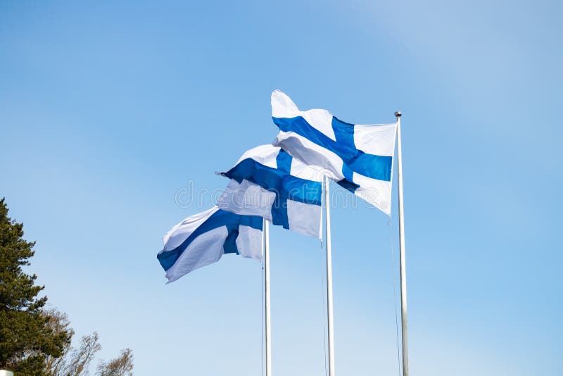Finnish National Flag on the Wind Against the Blue Sky Stock Image ...