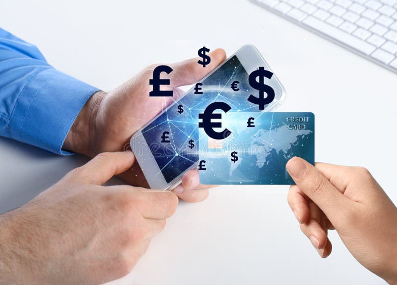 Fintech. Man Using Phone To Make Financial Transactions with Credit ...