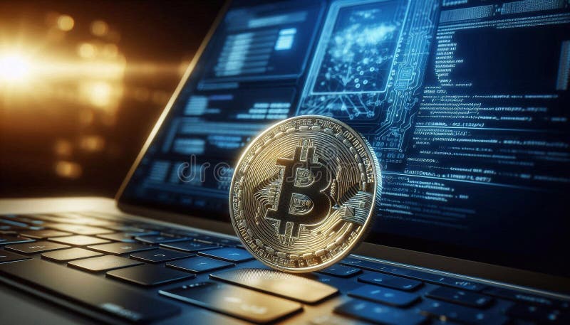 Fintech Innovation with a Bitcoin Coin on a Laptop Keyboard and ...