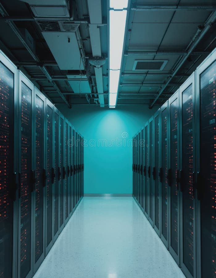 Fintech Server Room Featuring Rows of Cabinets with Glowing Lights ...