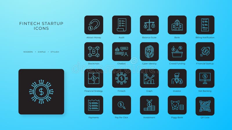 Fintech Startup Icons with Black Filled Line Style Stock Illustration ...