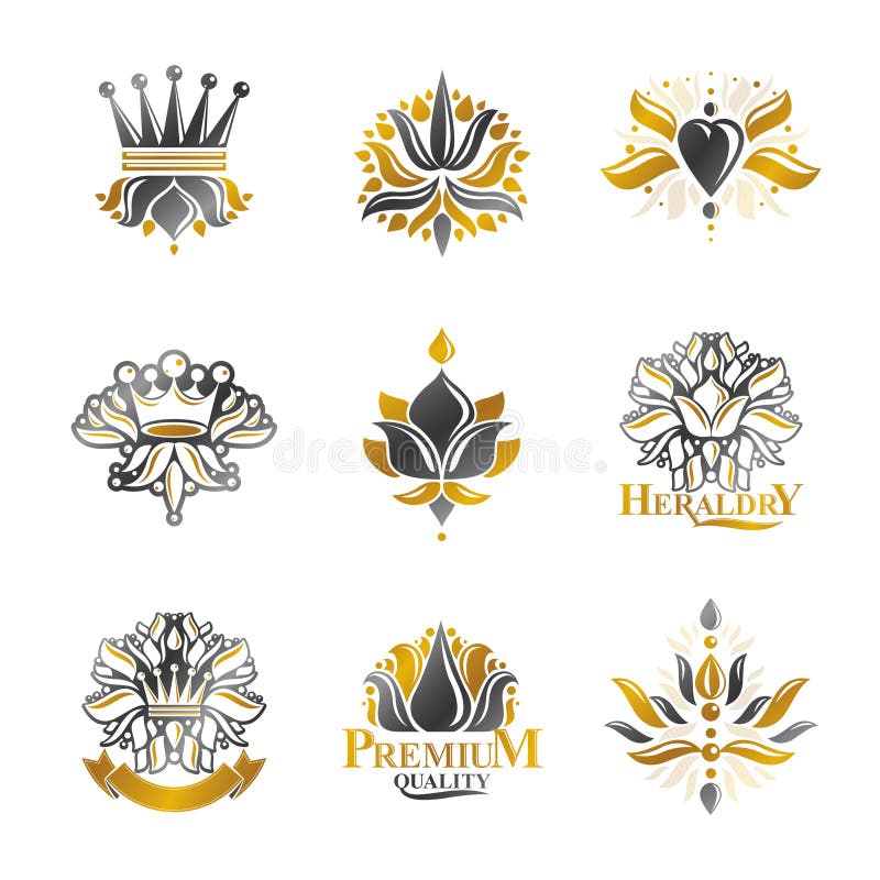 Fiori, Simboli, Floreale Reali E Corone, Emblemi Messi Illustrazione ...