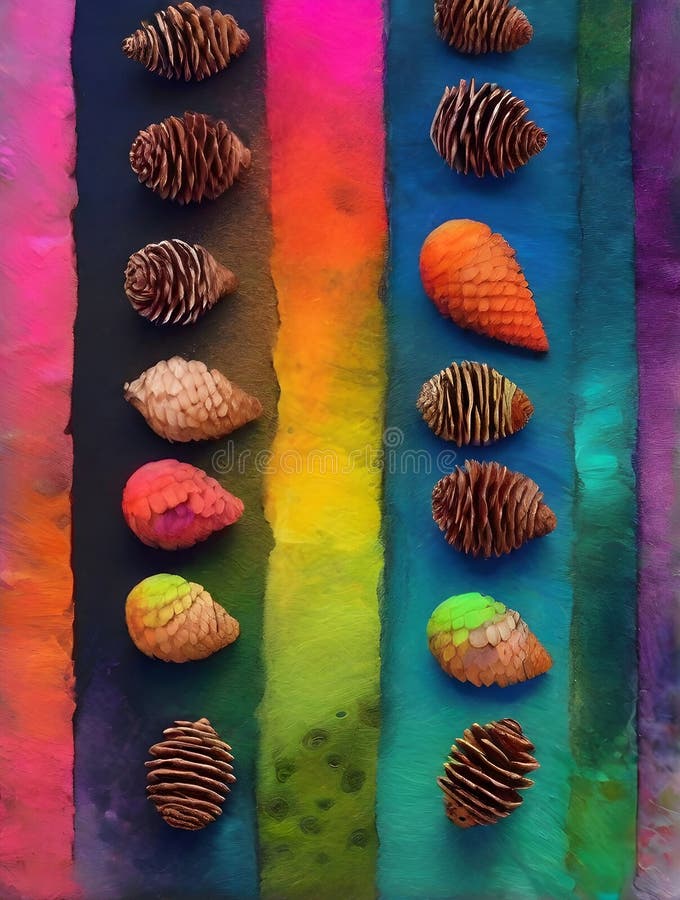 Fir Cone Background Knolling Drawing Neon Colors. Stock Photo - Image ...