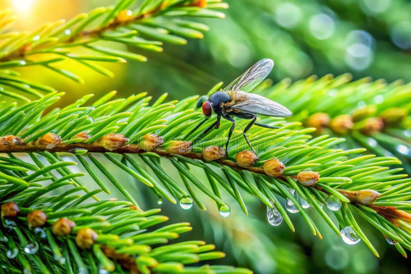 Fir Tree with Dew and Fly â€ Conifer Evergreen Background Stock ...