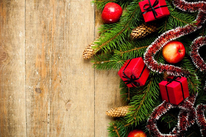 Fir Tree with Pinecones, Apples and Decorations Stock Photo - Image of ...