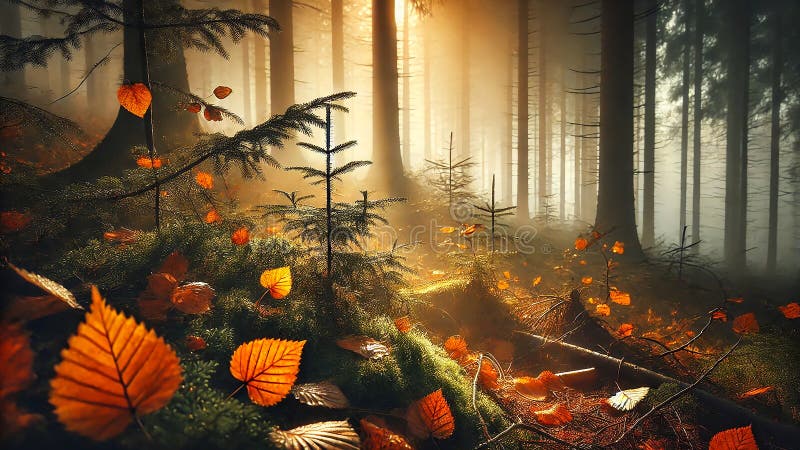 Fir Trees with Autumn Leaves Scattered on the Forest Floor, Shrouded in ...