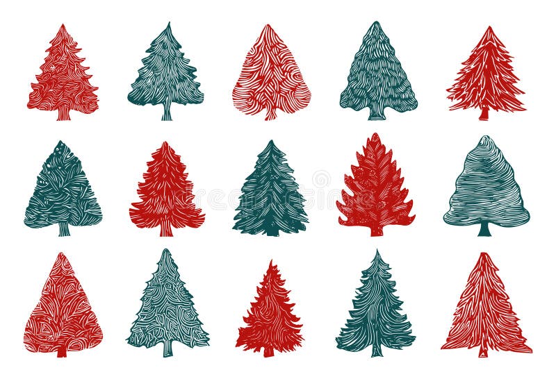 Fir Trees with Patterns Icons Linoprint Style Trendy Illustrations on ...