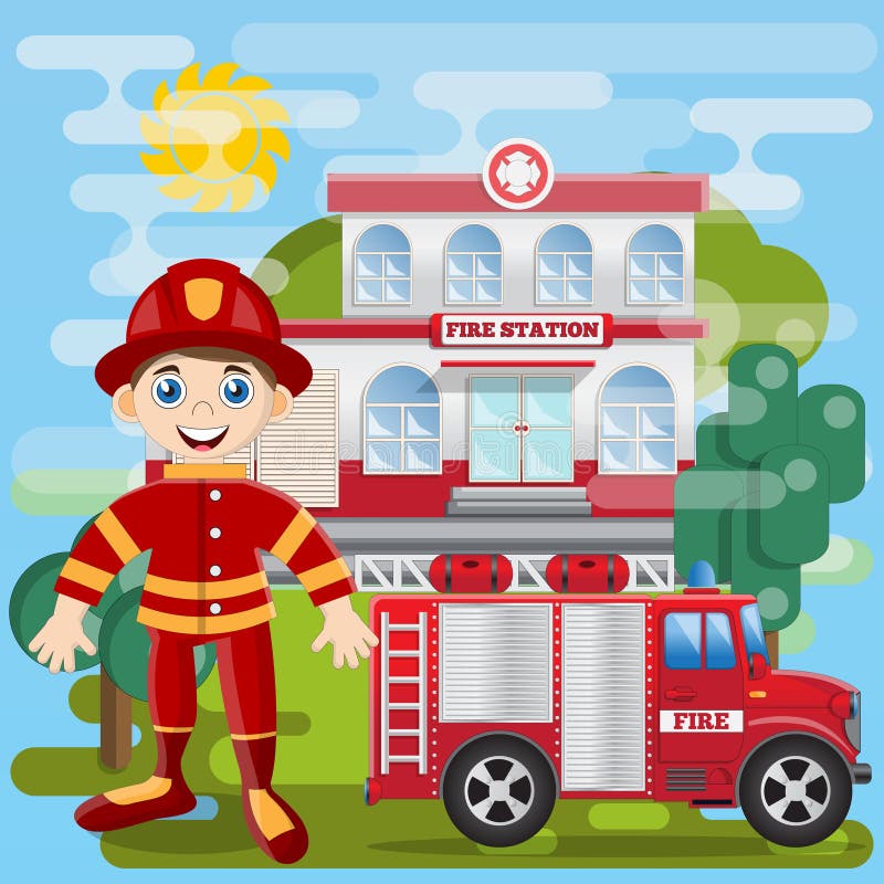 Cute Fireman on the Background of the Fire Station. Stock Vector ...
