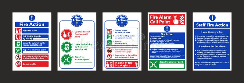 Fire Action Notice Sign Instructions Vector Set Stock Vector ...