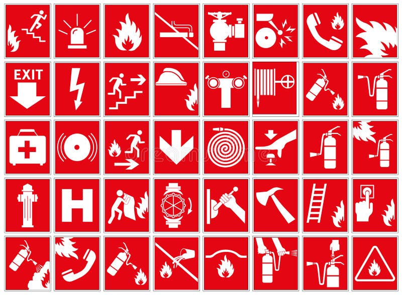 Fire Action Signs. Commonly Used Fire Signs Stock Vector - Illustration ...