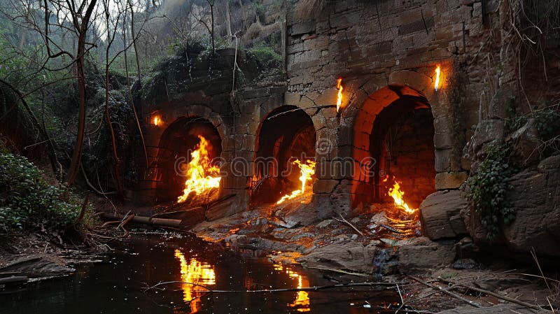 Fire Adorns Ancient Stone Archways. Generative Ai Stock Illustration ...
