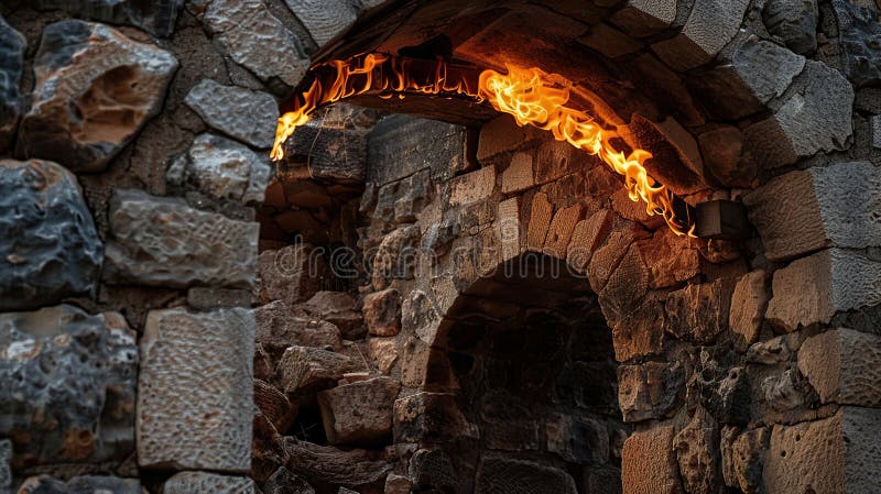 Fire Adorns Ancient Stone Archways. Generative Ai Stock Illustration ...