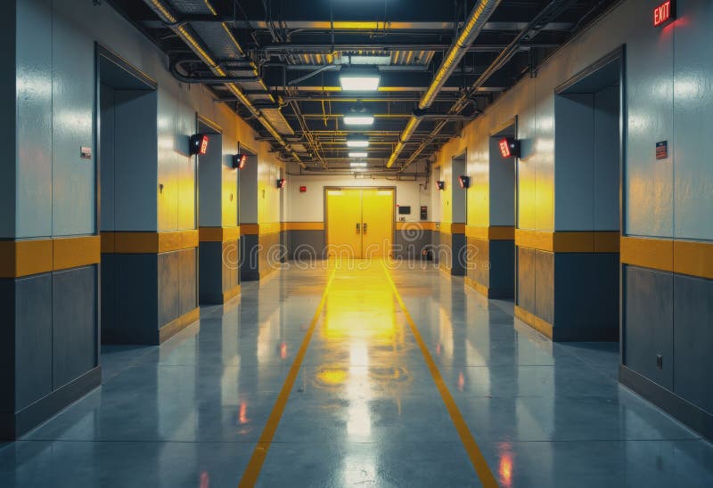 Fire Alarm and Emergency Exit in a Bright Hallway with Reflective ...