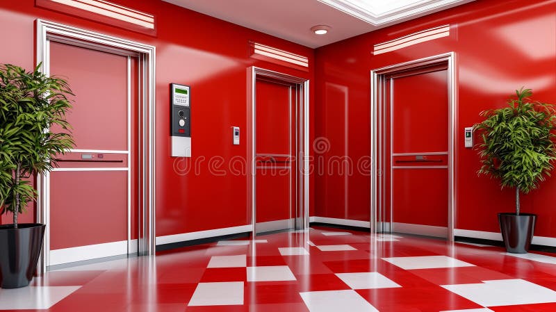 Fire Alarm Manual System. Modern Elevator Lobby with Red Walls and ...