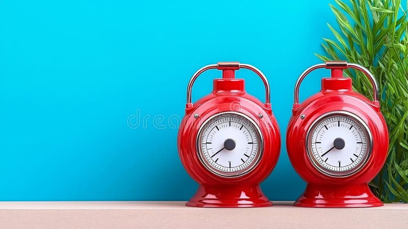Fire Alarm Manual System. Red Alarm Clocks on Shelf Against Blue ...