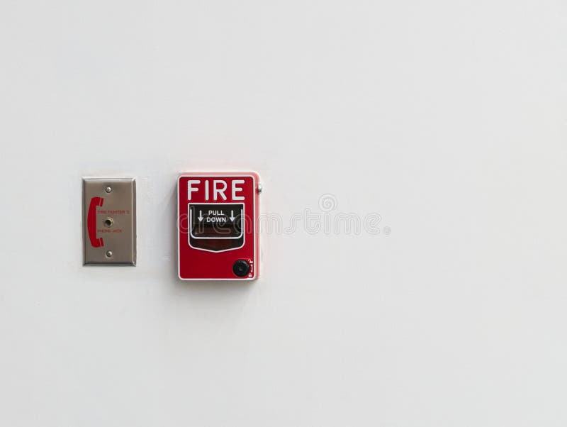 Pull-Down Fire Alarm Button Box and Phone Jack Connection Against White ...