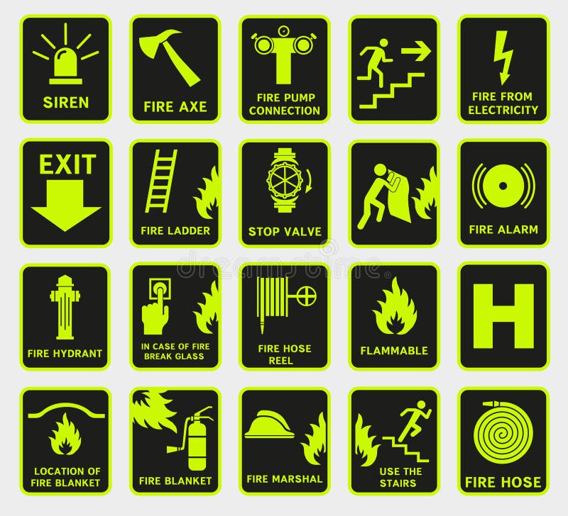 Fire Alarm Sign. Set of Vector Fire Symbols, Emergency Exit Sign Stock ...