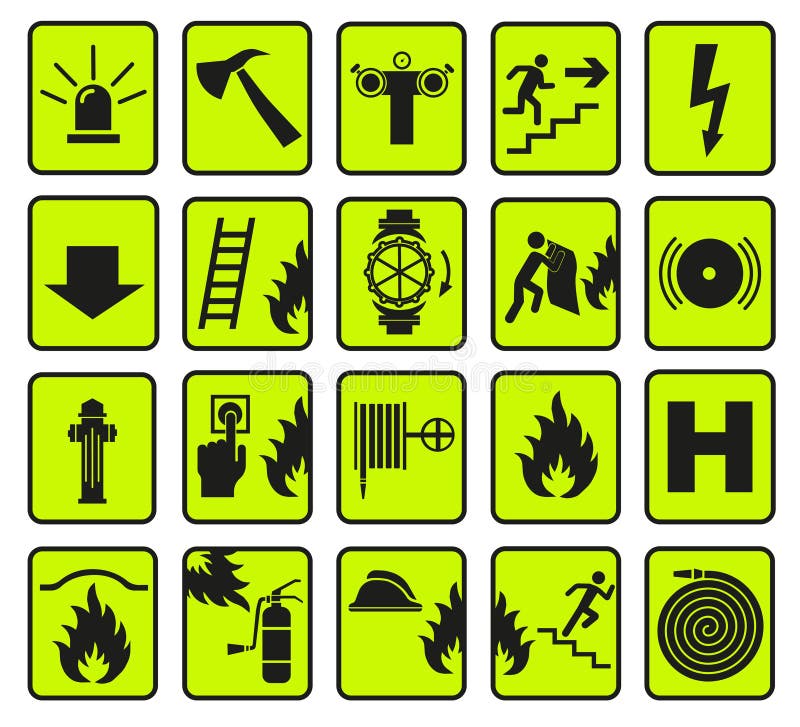 Fire Alarm Sign. Set of Vector Fire Symbols, Emergency Exit Sign Stock ...