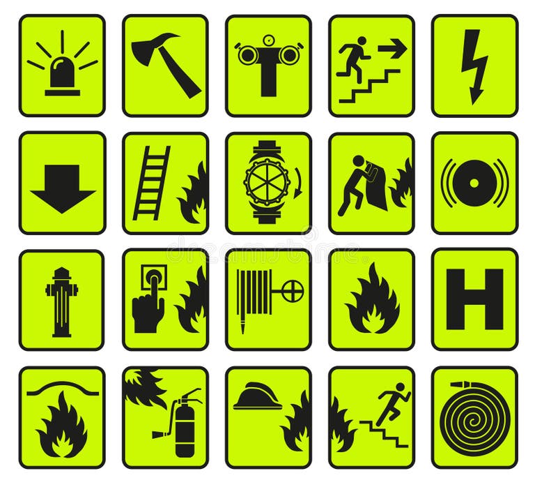 Fire Alarm Sign. Set of Vector Fire Symbols, Emergency Exit Sign Stock ...