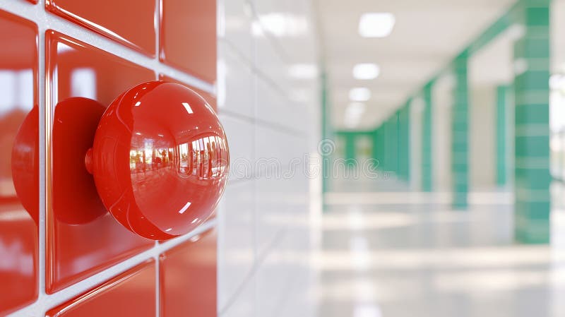 Fire Alarm System on Wall in Corridor with Shiny Red Hardware and Tiles ...