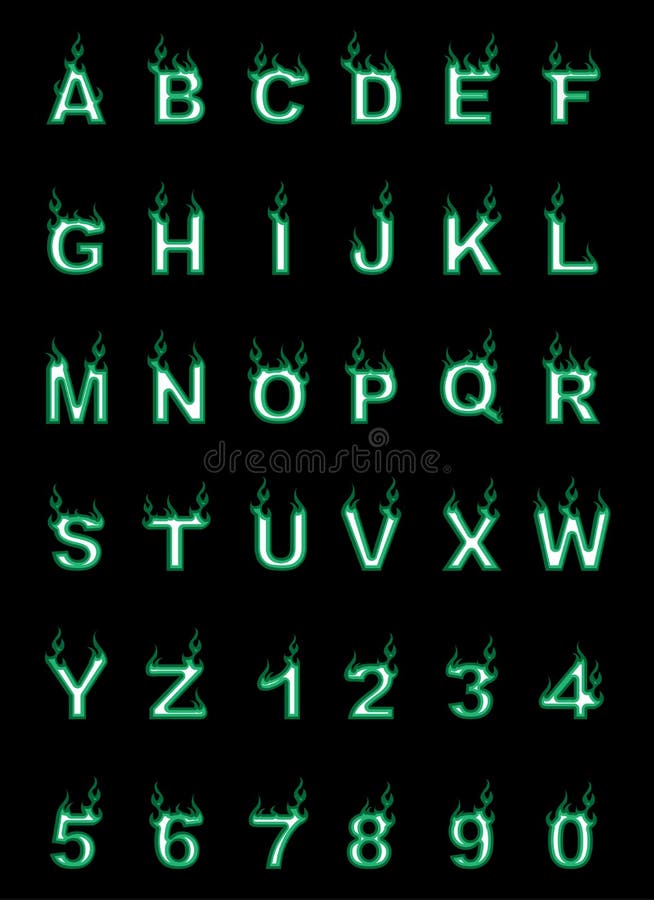 Cartoon Flaming Green Letters Alphabet Stock Vector - Illustration of ...
