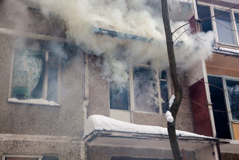 Fire in an Apartment Building. Heavy Smoke. Stock Photo - Image of ...