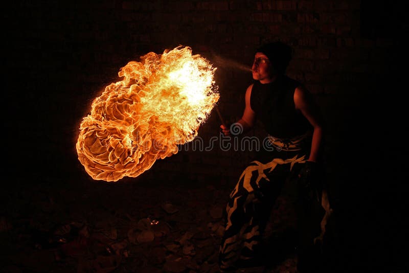Fire Artist Performing Fire Breathing Stock Photo - Image of energy ...