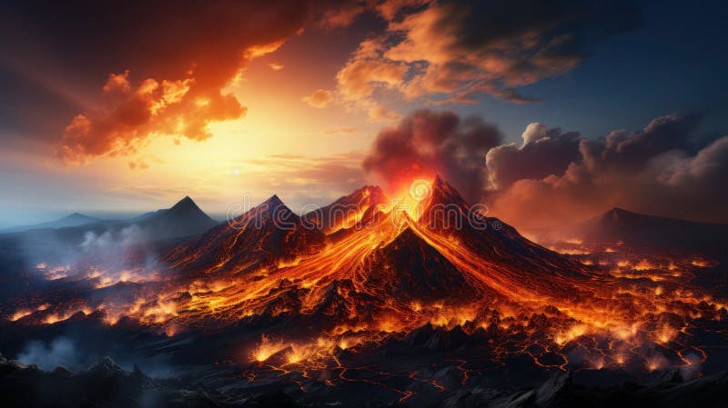 Explosive Volcanic Activity at Sunset. Stock Photo - Image of evening ...