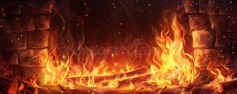 A Fire Background Featuring a Fireplace, with Logs Burning and Flames ...