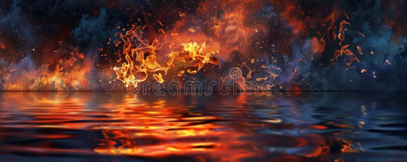 A Fire Background with Flames Reflecting Off a Body of Water, Creating ...